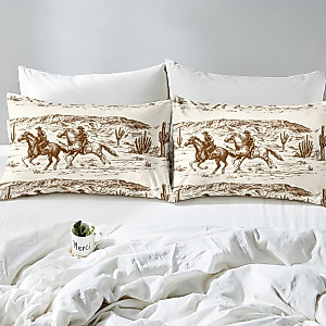 Erosebridal Western Fitted Sheet Queen Size Cowboy Bed Sheets American Wild West Desert Hand Drawn Illustration Bed Set Country Theme Bedroom Decor Sheets for Boys Men Teens(No Top Sheet)