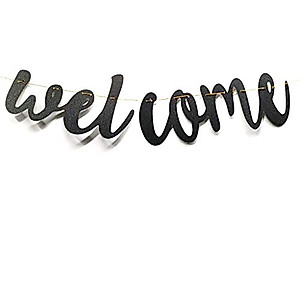 Welcome Black Glitter Vintage Party Banner Wedding Birthday Bunting House Home Classroom Decorations Garland Photo Props Back to School Party Supplies