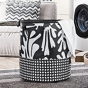 YOHOM Round Laundry Basket with Zipper, Adjustable Clothes Hamper Stand-up Hamper Retractable Laundry Bag for College Dorm, Bedroom, Bathroom, Kids Room (Black Floral, Large)