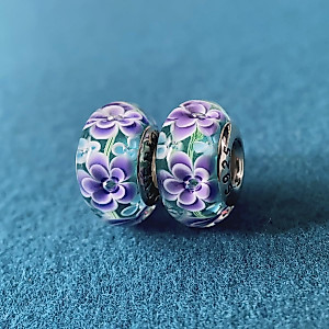 TIFVGEV 2pcs Murano Glass Charms for Pandora Bracelets Authentic 925 Sterling Silver Charms for Bracelets Lavender Flower Beads Charms for Women