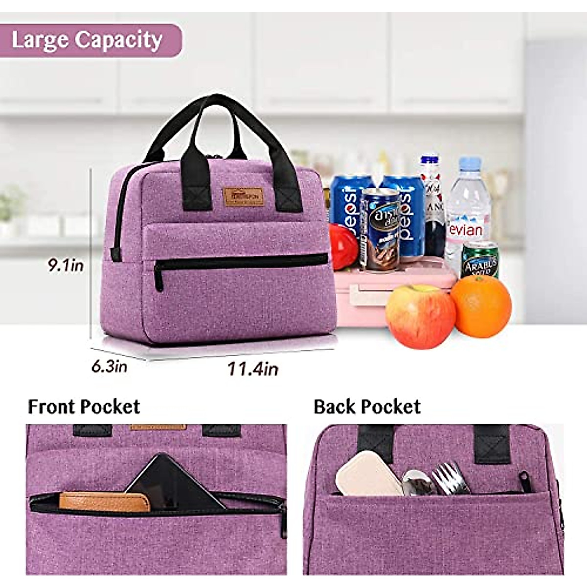 HOMESPON Insulated Lunch Bag Box Cooler Totes Handbag with Front and Back Pockets For Man and Woman Work Shopping (Purple)