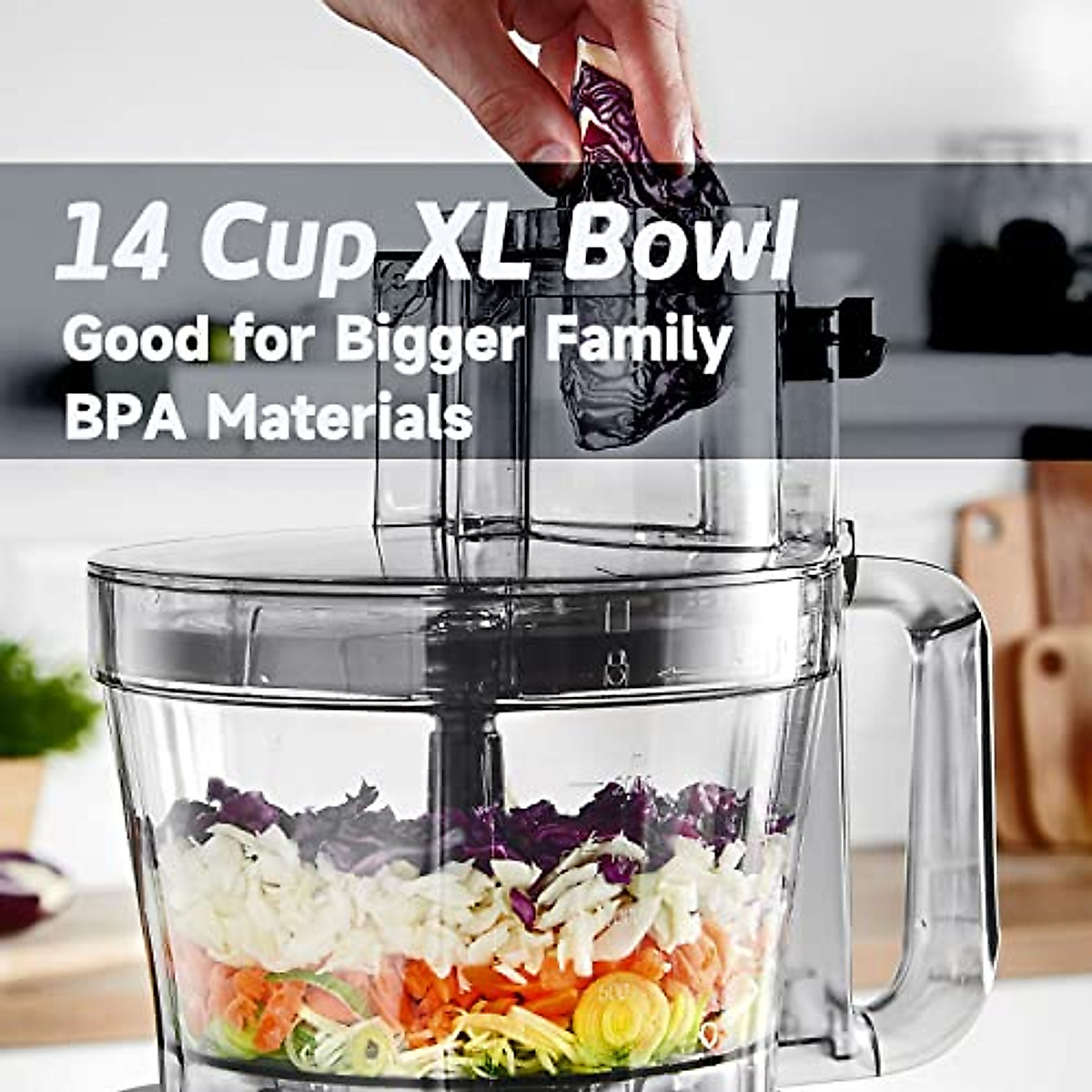 Magiccos 14-Cup French-Fry-Cutter Storage-Drawer Food-Processors - Large Feed Chute, Built-in Storage Drawer, Cheese Shredding, Meat Chopping, Shredding and Slicing, Mixing and Doughing, for Home Use