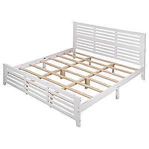LCH King Platform Bed Frame with Headboard and Footboard, Solid Wood Bed Frame for Adults/Wood Slat Support/No Box Spring, Modern Bed Frame with Horizontal Strip Hollow Shape, King Size, White