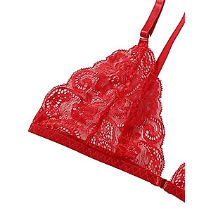 WDIRARA Women's 3 Pieces Mesh Floral Lace Scalloped Trim Garter Lingerie Set Red S
