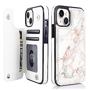uCOLOR Flip Leather Wallet Case Card Holder Compatible with iPhone 13 6.1 iPhone 14 6.1 Women and Girls with Card Holder Kickstand (Rose Gold Marble)