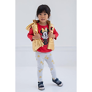 Disney Minnie Mouse Infant Baby Girls Zip Up Vest Puffer T-Shirt and Leggings 3 Piece Outfit Set Red/Yellow 18 Months