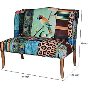 Maykoosh Modern Motifs Bird Collage Print Settee with Plush Velvet Upholstery, Adjustable Foot Pads, and Sturdy Wood Frame - 38” H for Vibrant Living Room or Hallway Seating