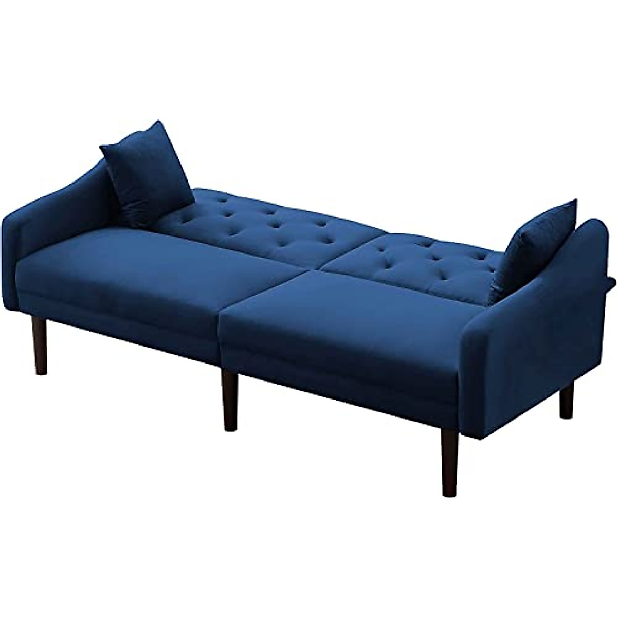 DNYN Convertible Sleeper Futon Sofa with 2 Pillows, Velvet Tufted Couch w/Metal Legs and Adjustable Backrest, for Apartment Office Small Space Living Room Furniture, Blue