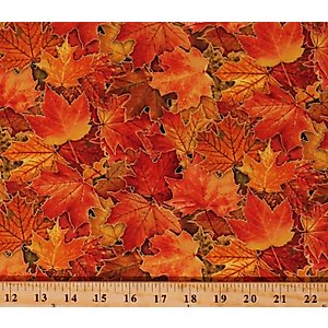 Cotton Fall Leaves Golden Orange Red Gold Metallic Shimmer Autumn Seasons Trees Harvest Time Cotton Fabric Print by The Yard (D512.42)