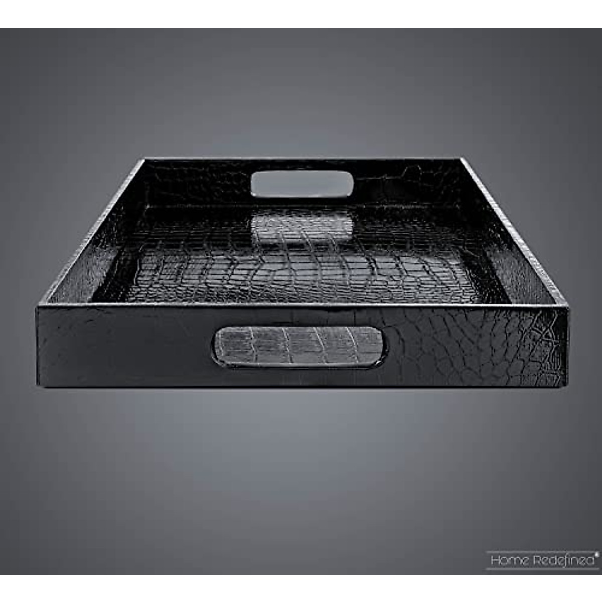 Home Redefined 18”x12” Rectangle Alligator Faux Leather Decorative Serving Tray with Handles, Black