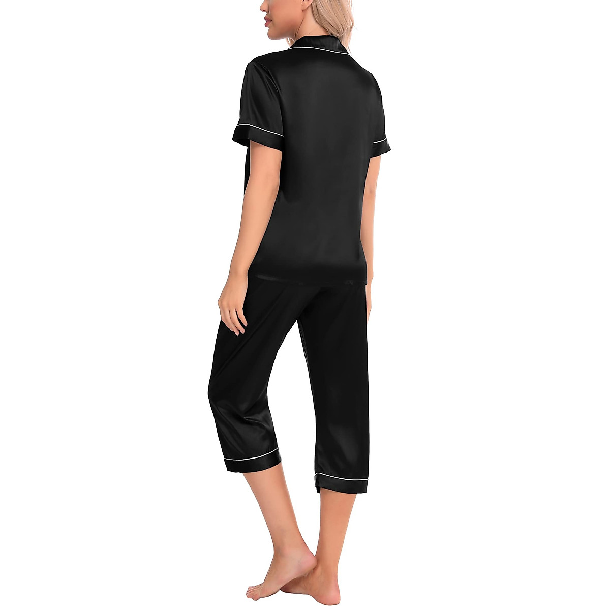 SWOMOG Satin Pajama Set Women Silk Pjs Set Short Sleeve 2 Piece Button Down Sleepwear Lounge Sets Black