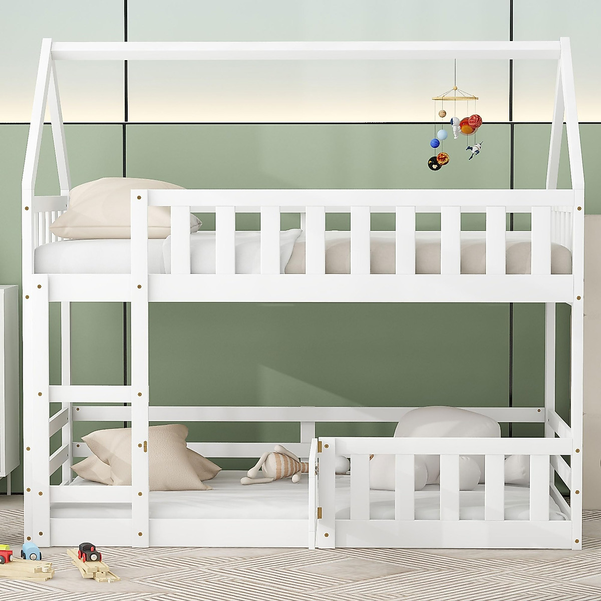 SOFTSEA Twin Over Twin House Bunk Bed, Floor Low Bunk Bed with Fence and Door, Wood Bunk Bed Frame with Guardrails and Ladder, Twin Size House Shaped Bunk Bed for Kids, No Box Spring Needed, White