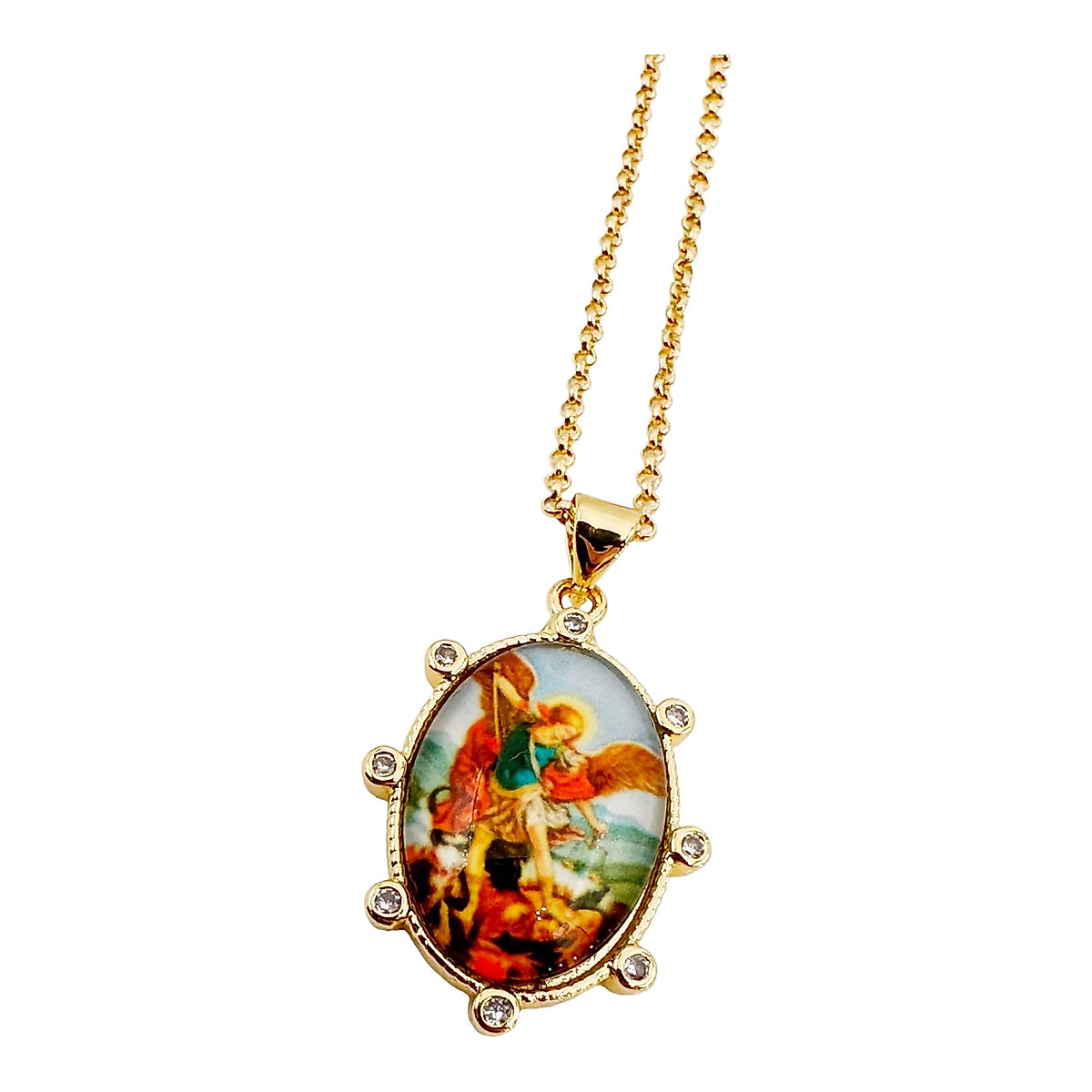LESLIE BOULES St Michael The Archangel Pendant Necklace 18K Gold Plated Chain 18 Inches Length