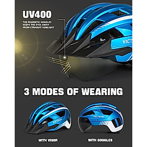 VICTGOAL Bike Helmet for Men Women with Led Light Detachable Magnetic Goggles Removable Sun Visor Mountain & Road Bicycle Helmets Adjustable Size Adult Cycling Helmets (L: 57-61 cm, Metal Blue)