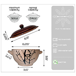 ECODECO Bake & Serve - Large Ceramic Soup Bowls With Handles - 30 Ounce - Set of 2 - Oven-, Microwave and Dishwasher Safe Pots with Lids