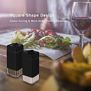 Black Salt and Pepper Shakers by Aelga, Salt Shaker with Adjustable Pour Holes, Glass Salt Pepper Shaker Set, Perfect for Black Pepper, Kosher and Sea Salt