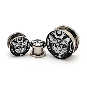 Mystic Metals Body Jewelry Screw on Spiritual Cat Picture Plugs - Sold As a Pair (0g (8mm))