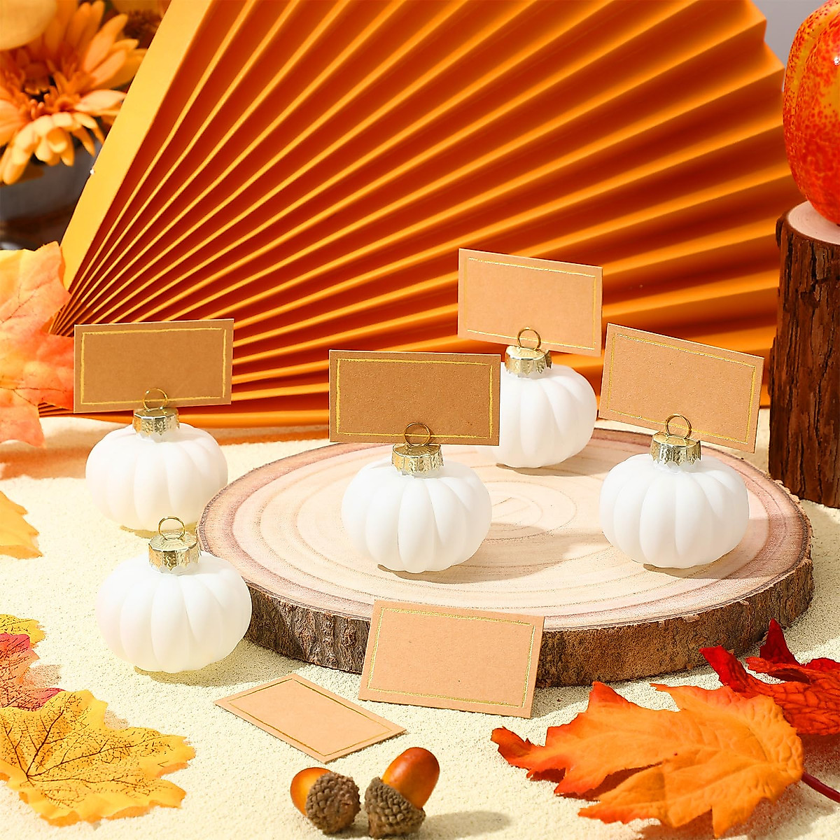 Soaoo 24 Set Thanksgiving Glass Harvest Pumpkin Place Card Holders with Thanksgiving Greeting Cards Fall Pumpkin Decor Table Name Holders Table Sign Card Holder for Thanksgiving Wedding Party (White)