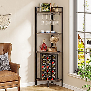 Tribesigns Corner Wine Rack with Glass Holder and Storage Shelves, 4 Tier Corner Bar Corner Wine Cabinet, Industrial Corner Wine Shelf for Living Room, Small Space (Brown)