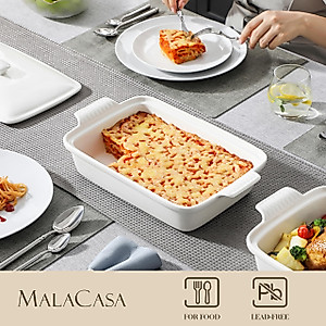 MALACASA 3.4 Quart Baking Dish With Lid, Porcelain Casserole dish with Lid, 13 x 9 Lasagna Pan Deep with Lid, Rectangular Bakeware With Handle, Microwave, Oven Safe, White, Series BAKE
