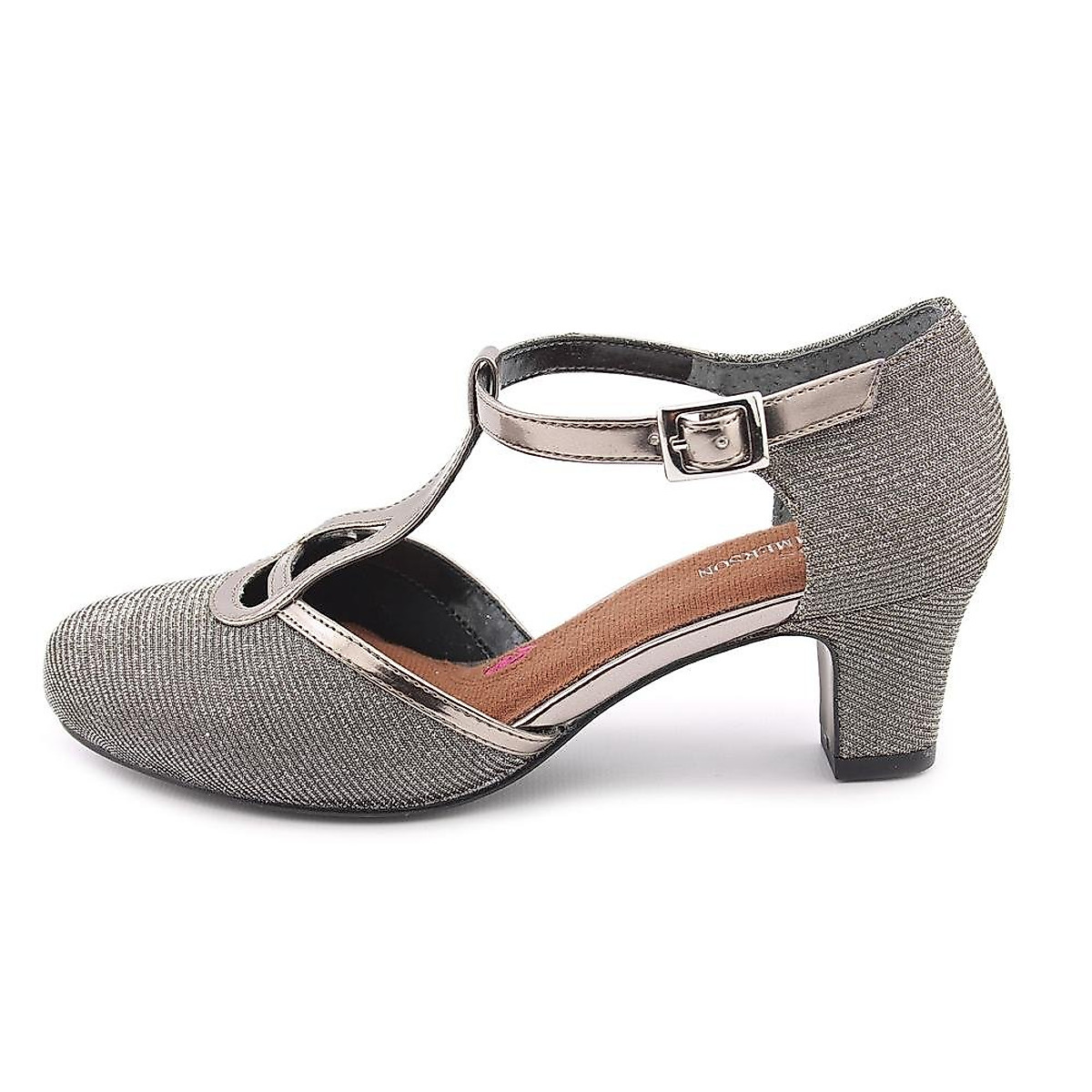 Ros Hommerson Womens Heidi T-Strap Closed Toe Low Heel Comfortable Pump Silver Iridescent Glitter Fabric 9 W US