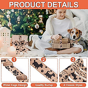 Kuscul 4 Rolls Dog Print Ribbons, 20 Yards Dog Bone Ribbon Doggy Paw Print Ribbon Wired Paw Print Burlap Ribbon for Dog Wreaths Swag Bow Making Dog-Lover Gift Wrapping, DIY Crafting and Party Decor