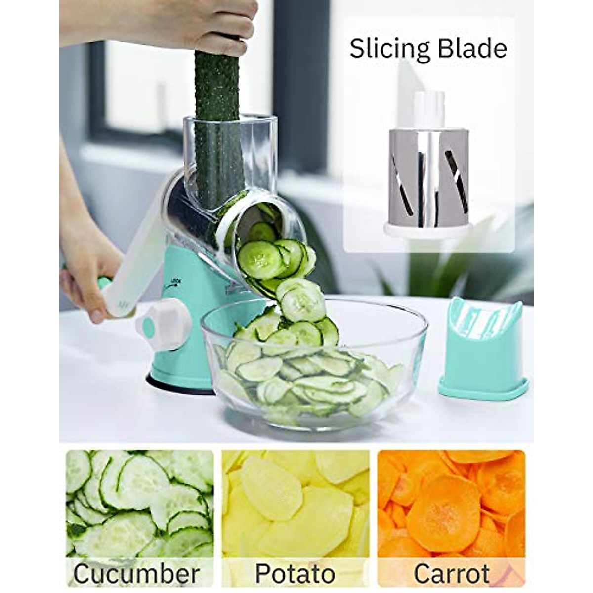 X Home Rotary Cheese Grater Kitchen Mandoline Vegetables Slicer Cheese Shredder with Rubber Suction Base, 3 Stainless Drum Blades Included, Easy to Use and Clean,Blue