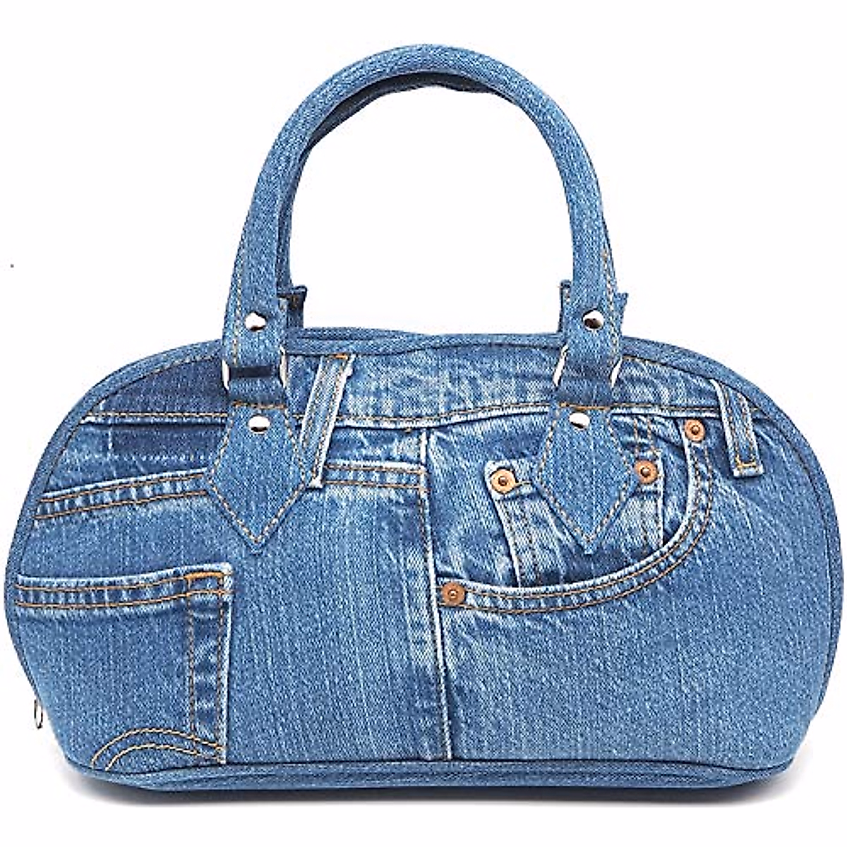 Bijoux De Ja Upcycling Blue Denim Trim Curved Shape Top Handle Handbag Purse (denim)