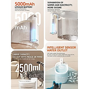 PET MARVEL Cat Water Fountain Wireless Battery Operated 85oz/2.5L with 3PCS Filters, Automatic Water Dispenser for Cats, Water Fountain for Cats Pet Inside Large Capacity Easy to Clean and Assemble