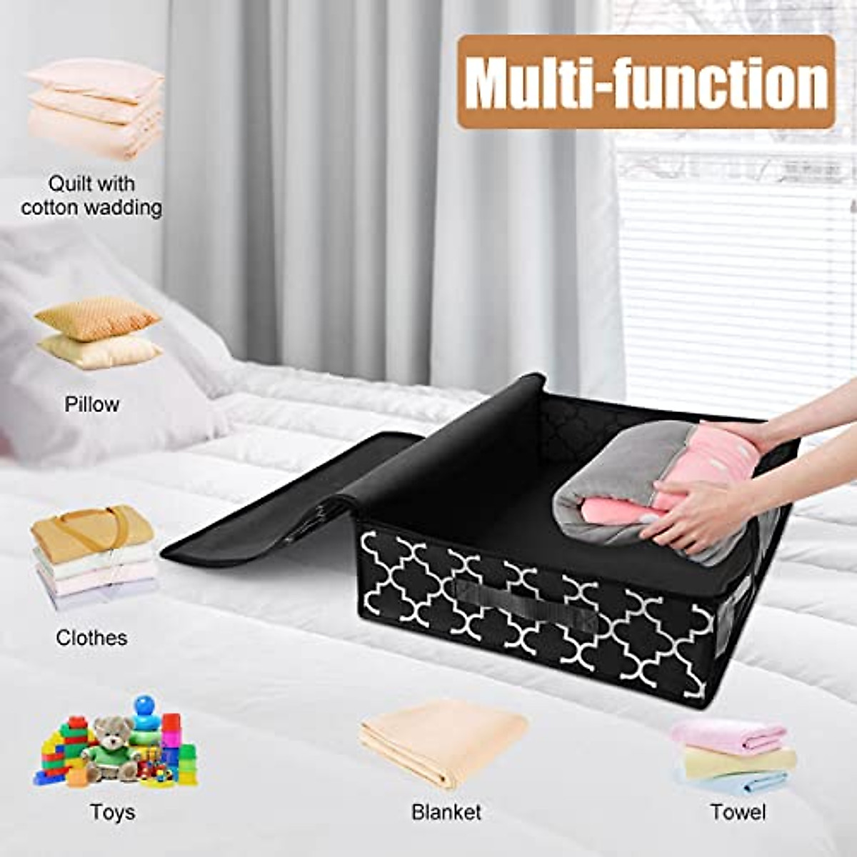 HIPIHOM Underbed Storage Containers, Foldable Under Bed Storage Bags Large Capacity Under-Bed Storage Bins for Blankets, Clothes, Sweaters Comforters with Handles Visible Clear Window, Black 4 Pack