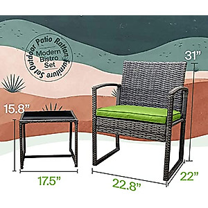 Pyramid Home Decor Black Wicker Furniture - 3 Piece Bistro Set for Outdoor Conversation - 2 Cushioned Rattan Chairs with Glass Coffee Table for Patio, Lawn, Porch, Lounge, Deck, Balcony & Living Room
