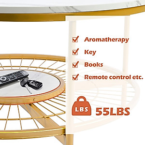 Round Coffee Table for Living Room, Modern Coffee Table with Sun Shape Circle Open Storage,Marble Wooden Tabletop and Sturdy Metal Frame, White and Gold 35.5