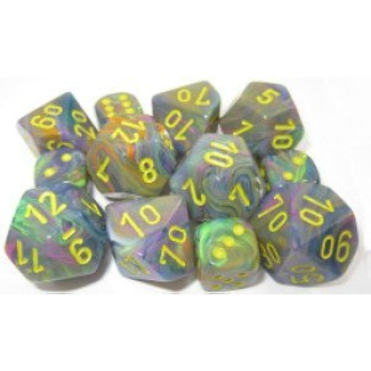 Chessex Dice: Polyhedral 7-Die Festive Dice Set - Rio Marble Swirl with Yellow Pips
