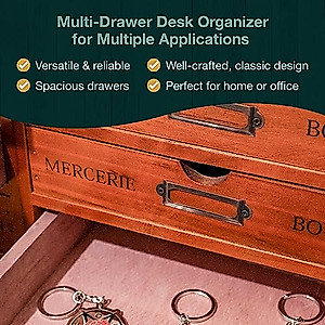 16-Drawer Wooden Storage Box (19.6”x6.89”x19.6”) VIntage Filing Cabinet in Walnut Wood - 16-Slot Wooden Desk Drawer Unit w/Label Holders & Handles - Multi Level Countertop Drawer Organizer