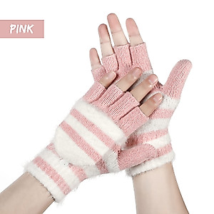 Achiou Winter Fingerless Gloves for Women, Warm Convertible Clamshell Mitten Gloves, Knitted Half Finger Flip Top Gloves Girl