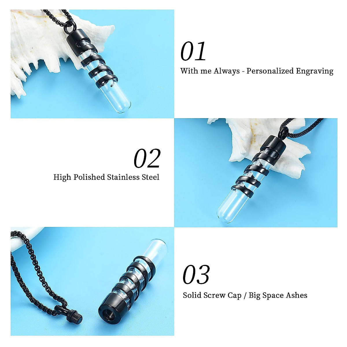 Clear Glass Tube Cremation Urn Jewelry Ashes Holder Necklace Keepsake Memorial Pendant Including Box/Fill Kits (Black)