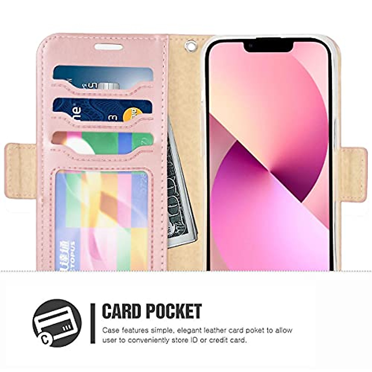 ERAGLOW for iPhone 13 Case,iPhone 13 Wallet Case,RFID Blocking [Stand Feature] [Card-Slots] Premium PU Leather Magnetic Protect Flip Cover for iPhone 13 6.1"(Rose Gold)