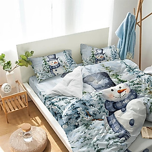 Merry Christmas Snowman Xmas Tree Duvet Cover Sets 4 Piece Queen Ultra Soft Bed Quilt Cover Set for Kids/Teens/Women/Men,Winter Snow Scene Bedding Collection All Season Use