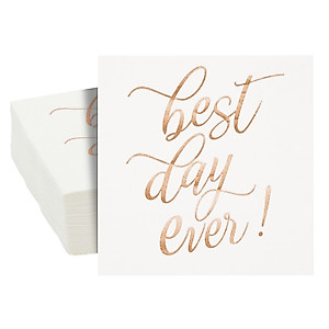BLUE PANDA 50-Pack Best Day Ever Napkins - Disposable Napkins for Wedding Reception, Bridal Shower, Engagement Party (Rose Gold, 5x5 In)
