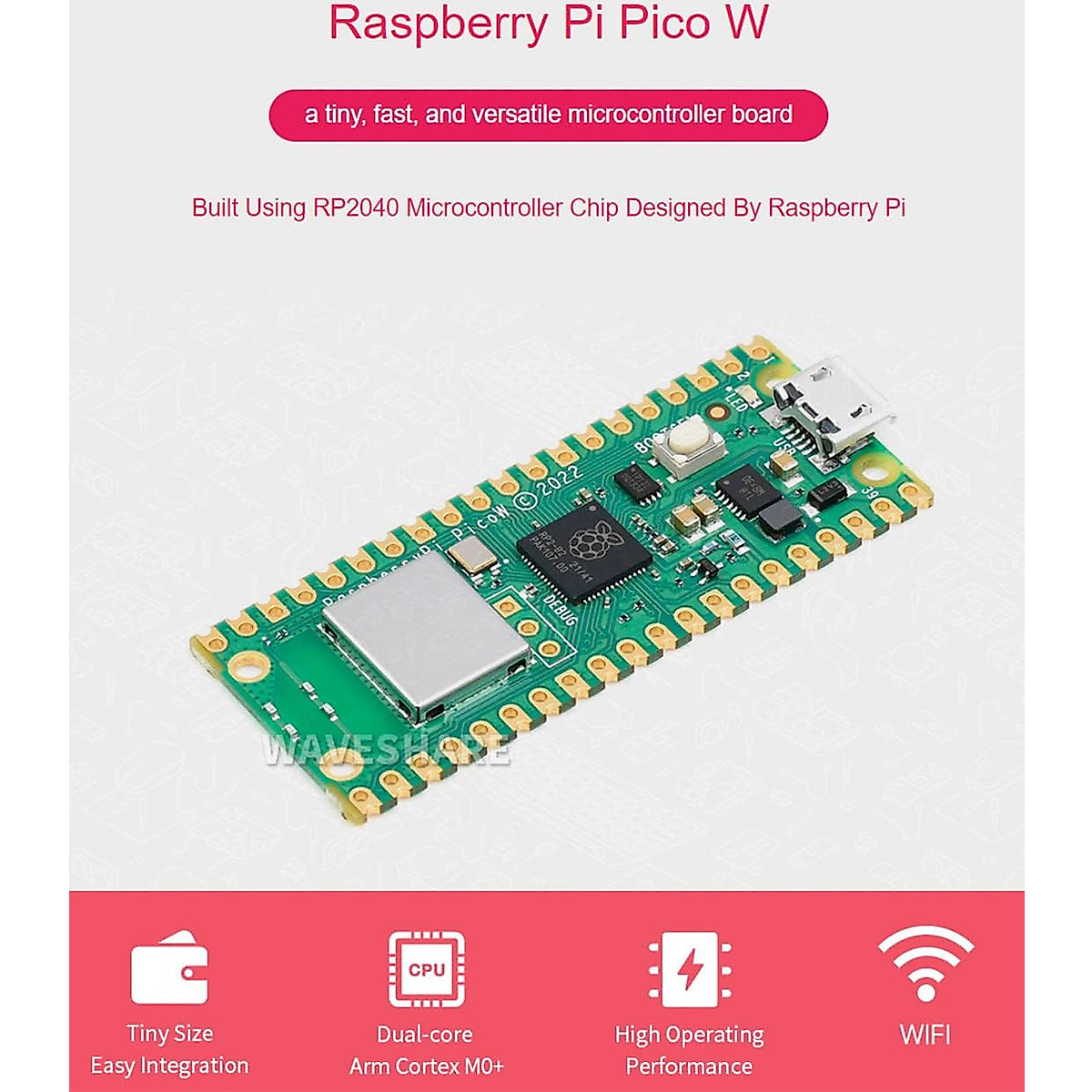 waveshare Pre-Soldered Header Raspberry Pi Pico W, Built-in WiFi Support 2.4 GHZ Wi-Fi 4, Based on Official RP2040 Dual-Core Processor,Dual-core Arm Cortex M0+ Processor