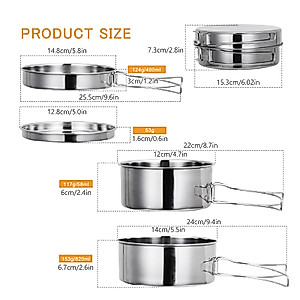Lixada Camping Cookware Set, 4PCS Portable Stainless Steel Camp Cook Set, Lightweight Stackable Camping Pots and Pans Plate Set Camping Gear for Outdoor Backpacking Camping Hiking Picnic