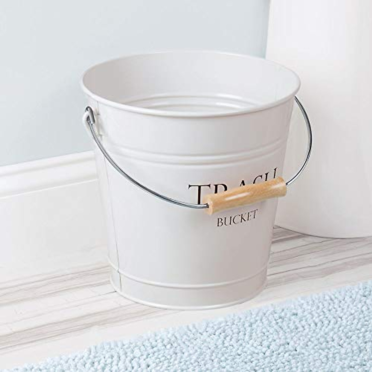 iDesign Metal Pail Trash Can for Bathroom, Bedroom, Home Office, Dorm, 10.75" x 10.75" x 10.5", White Finish with Vintage Black Lettering