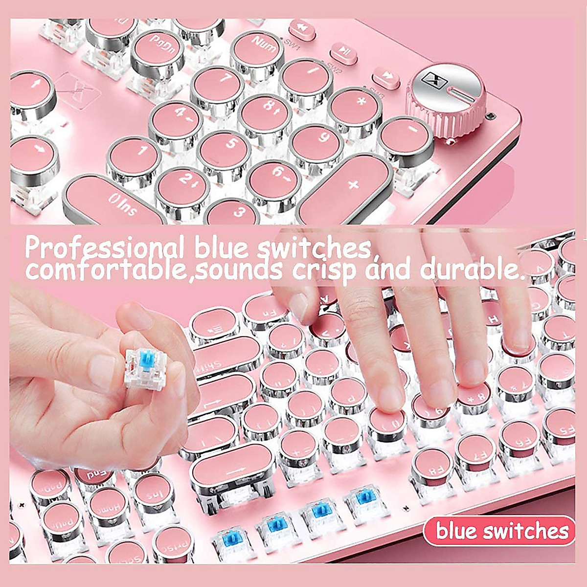 CC MALL Gaming Keyboard,Retro Punk Typewriter-Style, Blue Switches, White Backlight, USB Wired, for PC Laptop Desktop, Stylish Pink Mechanical Keyboard (Round Keycaps)