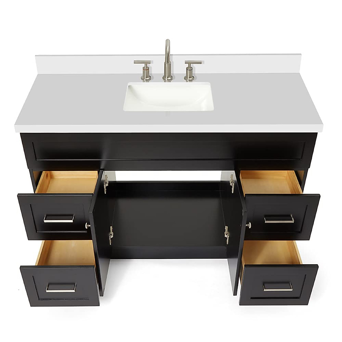 ARIEL 55" Inch Bathroom Vanity in White with 1.5" Inch Thick Edge White Quartz Countertop, 2 Soft Closing Doors & 4 Full Extension Dovetail Drawers, Built in Toe Kick, Satin Nickel, No Mirror (Black)