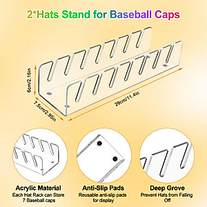 2 Pack Hat Stand for Baseball Caps Display and Organizer, 2024 New No Install Required Hat Stand Acrylic Hat Holder for 14 Baseball Caps Storage, Hat Racks for Bedroom, Closet, Dresser (Clear)