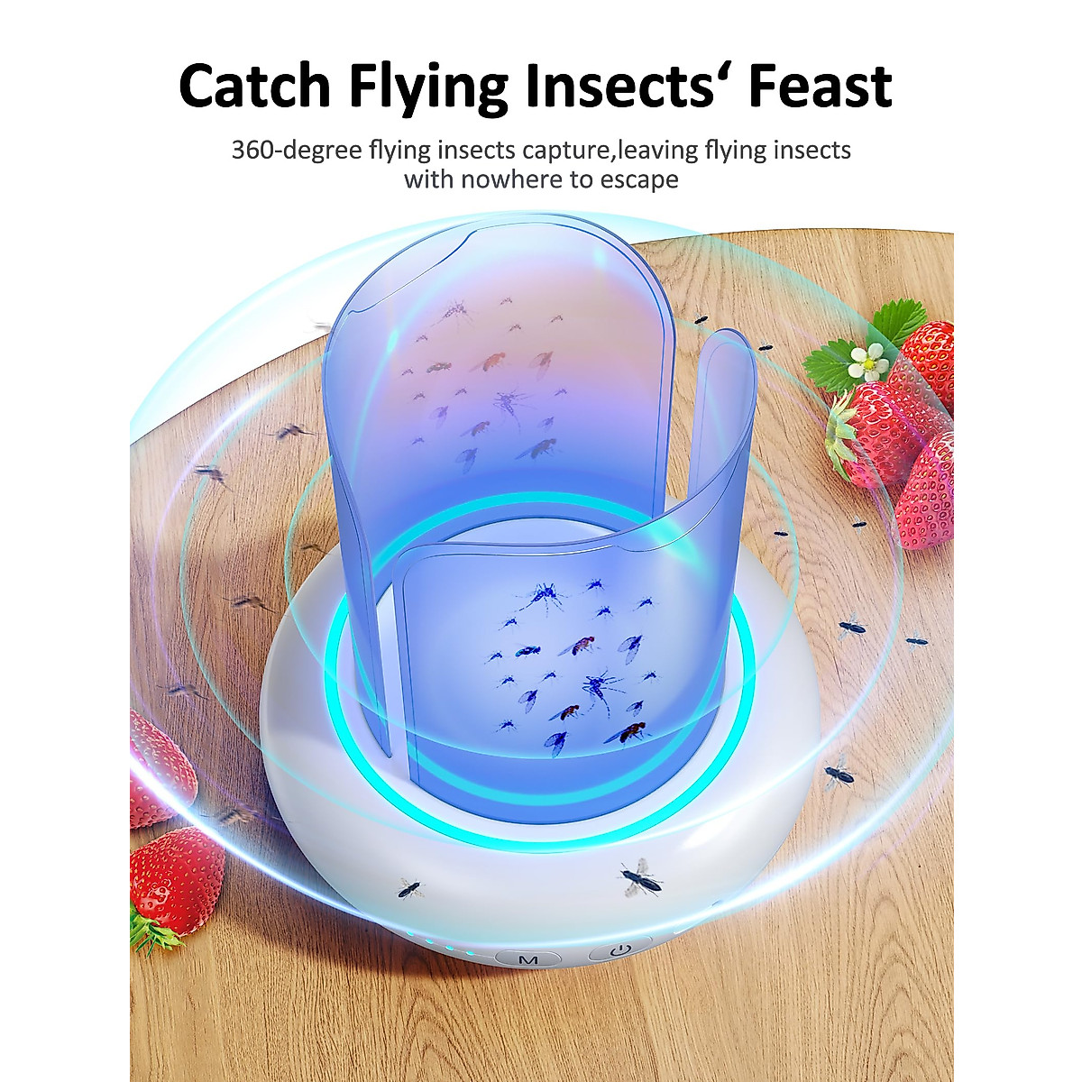 Camfeast 360° Flying Insect Trap with 60h USB Rechargeable Battery, Get-rid Food, Plant Fruit-Fly Killer, Night Light Catcher for Gnat, Noseeum, Flies, Housefly, Trap on Indoor House, Insectos Trampa