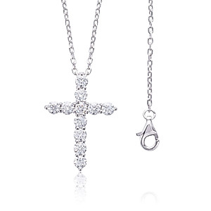 Ladylike 18K Gold Plated Sterling Silver Moissanite Cross Pendant Necklace for Women, with 11 Pieces of 3mm VVS1, D moissanites,Small and Exquisite Necklace,16+2" inches Necklace Chain (Silver)
