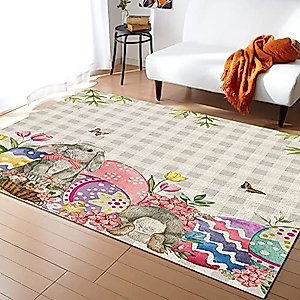 Easter Area Rugs for Living Room/Bedrooom, 2'x3' Area Rug Non-Slip, Cute Bunny Eggs Spring Floral Tulip Botanical Grey Plaid Kids Room Area Rug Washable Accent Floor Carpet Runner Indoor Outdoor