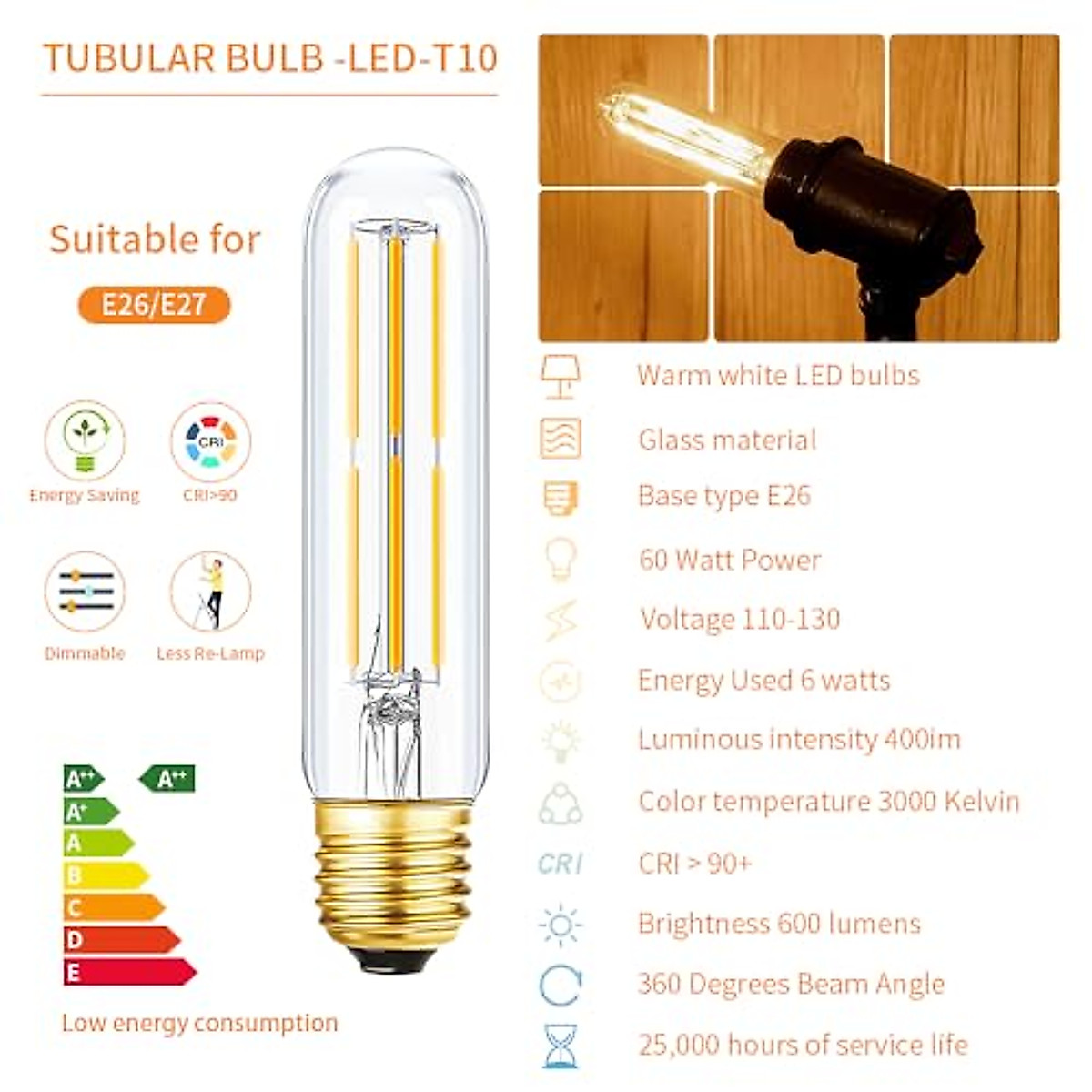 T10 LED Bulbs Warm White 3000K Clear Glass Tubular Edison Bulb dimmable E26 6W Equal 60 watt Light Bulb Warm White Light Bulbs 600LM Tubular for Rustic Pendant,Chandeliers,Wall sconces,Vanity . (8)