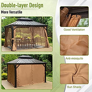 PHI VILLA 10' X 12' Outdoor Hardtop Gazebo on Clearance, Double Roof Gazebo with Curtains and Netting, Permanent Pavilion Gazebo with Aluminum Frame for Patios, Gardens, Lawns(Brown)